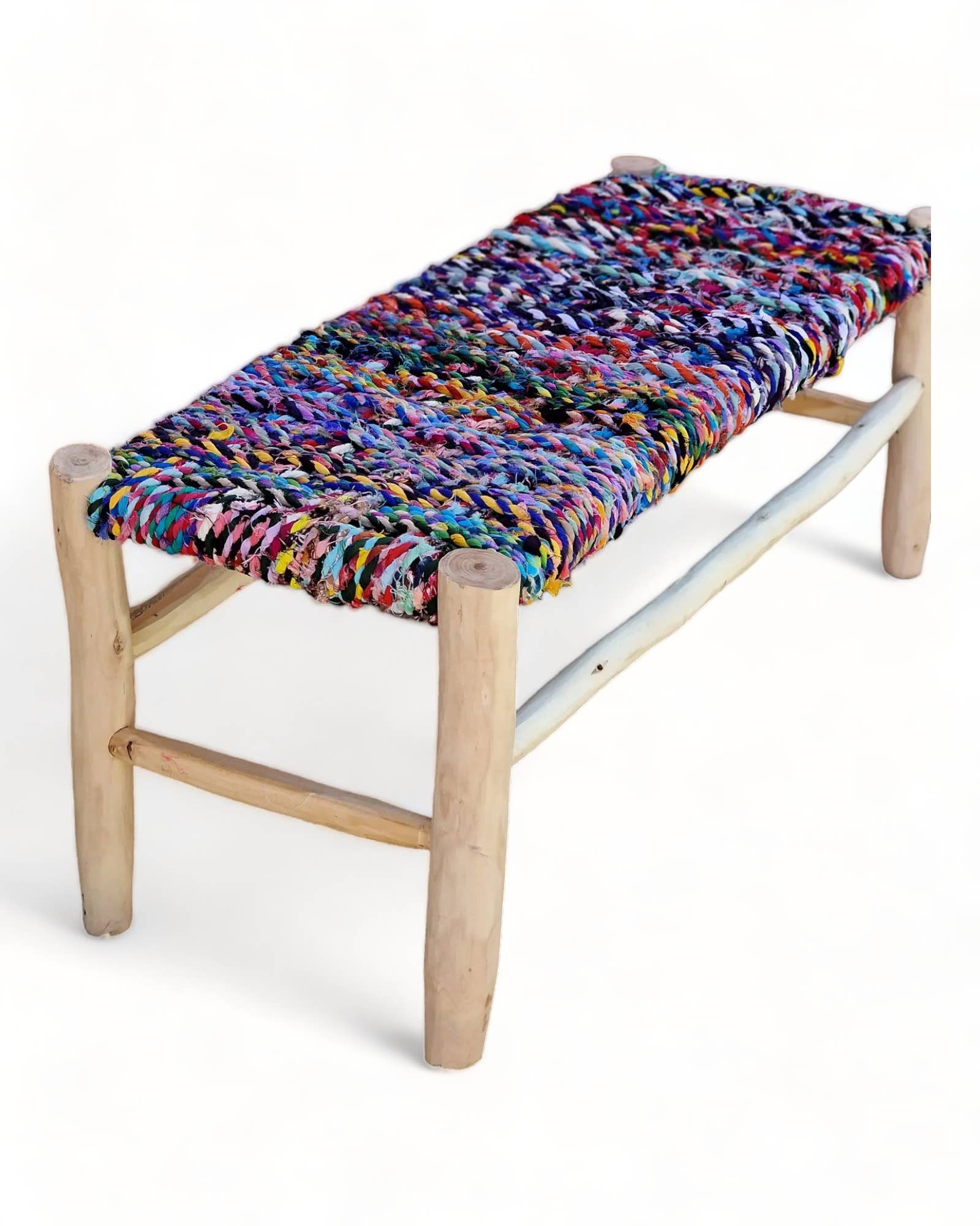 Moroccan bench in solid wood and boucherouite